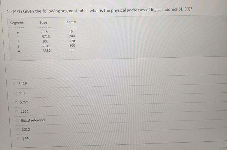Solved 15 (4-1) Given the following segment table, what is | Chegg.com