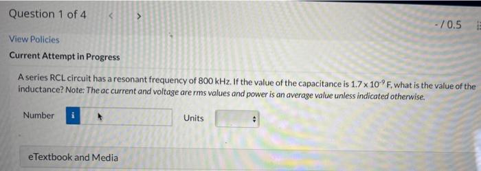 Solved Current Attempt in Progress A series RCL circuit has | Chegg.com