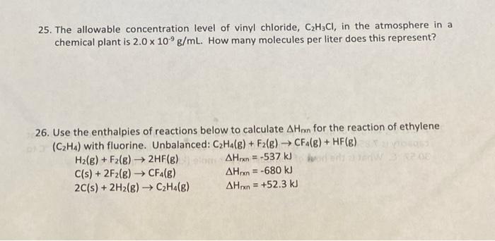 Solved 25. The allowable concentration level of vinyl | Chegg.com