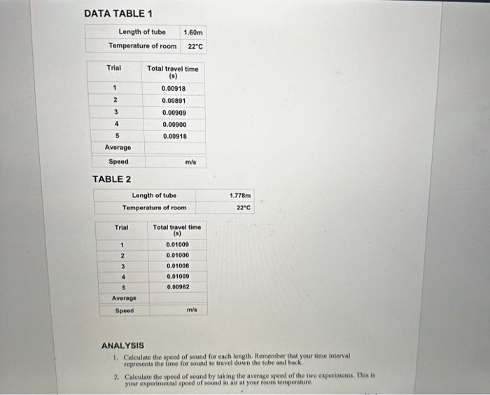 Solved DATA TABLE 1 TABLE 2 ANALYSIS 1. Calculate the speed | Chegg.com