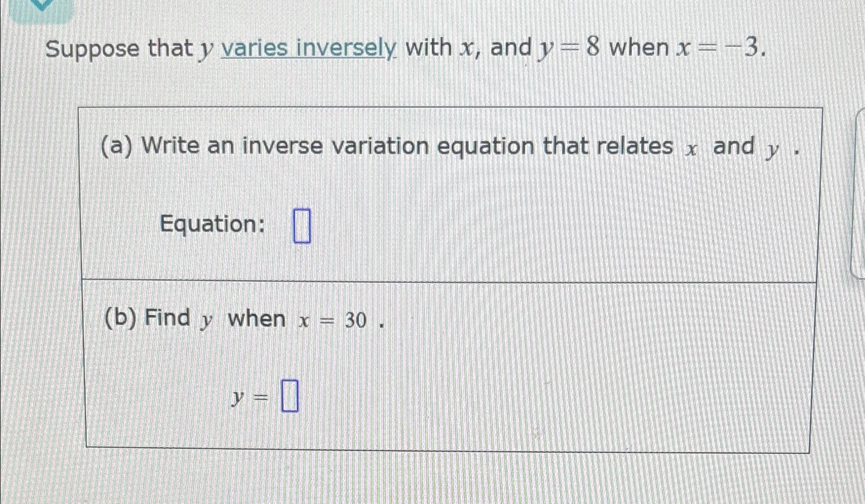 Solved Suppose that y ﻿varies inversely with x, ﻿and y=8 | Chegg.com
