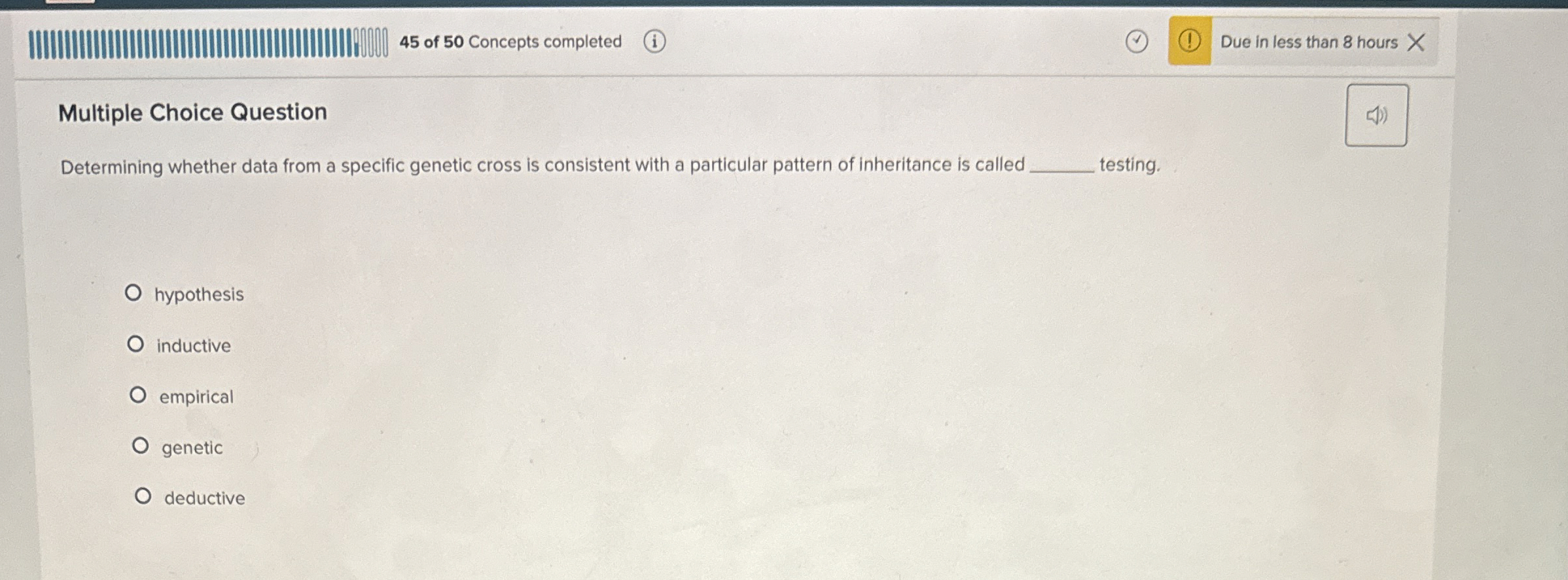Solved 45 ﻿of 50 ﻿Concepts completedDue in less than 8 | Chegg.com