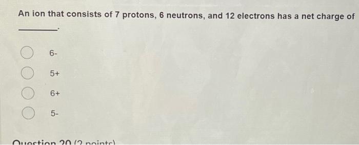 Solved An ion that consists of 7 protons, 6 neutrons, and 12 | Chegg.com