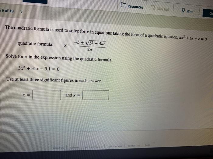Solved Resources 9 of 19 Give Up? > Hint Ch The quadratic | Chegg.com