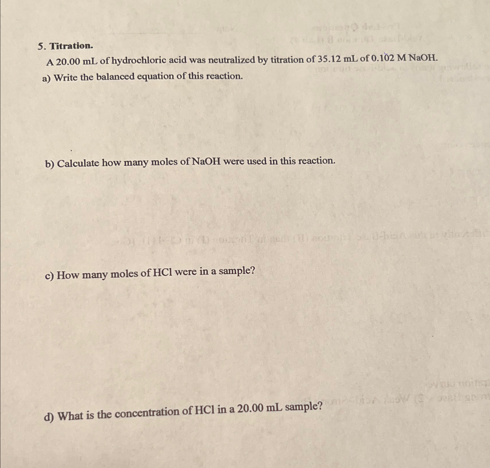 Titration.A 20.00mL ﻿of hydrochloric acid was | Chegg.com
