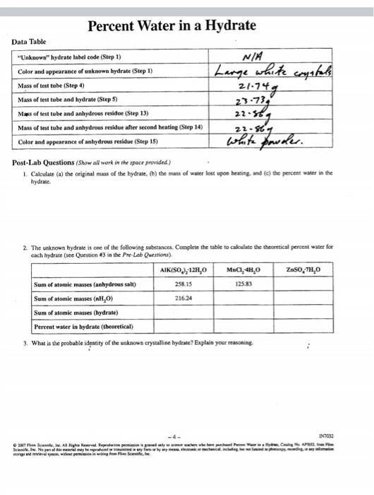Solved Percent Water in a Hydrate Data Table "Unknown" | Chegg.com