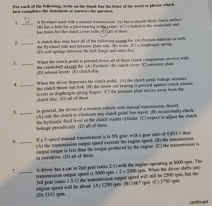 Solved For each of the following, write on the blank line | Chegg.com