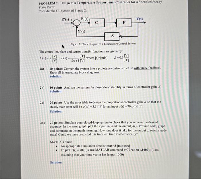 Solved PROBLEM 2: Design of a Temperature Proportional | Chegg.com