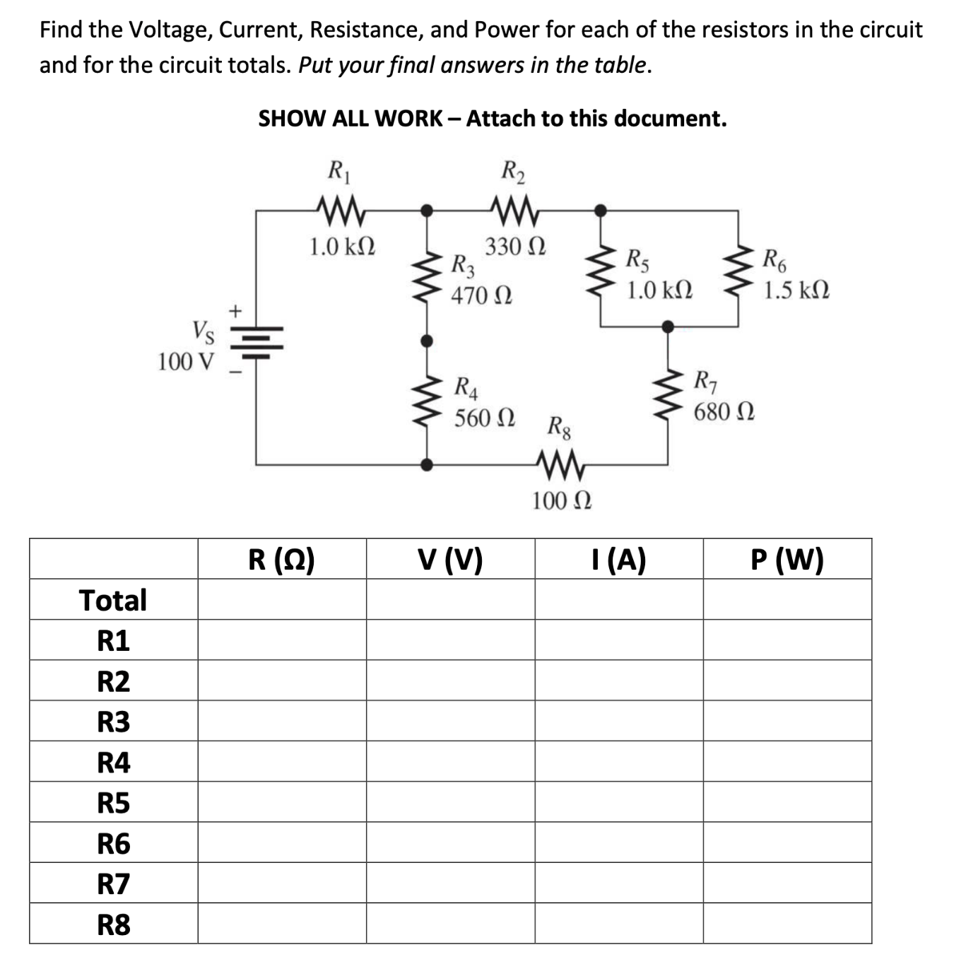 Solved Find the Voltage, Current, Resistance, and Power for | Chegg.com