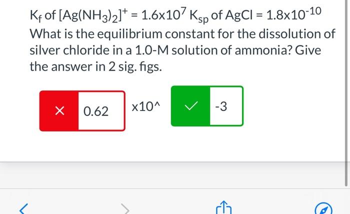 Solved = = Kf of [Ag(NH3)2]* = 1.6x10? Ksp of AgCl = | Chegg.com