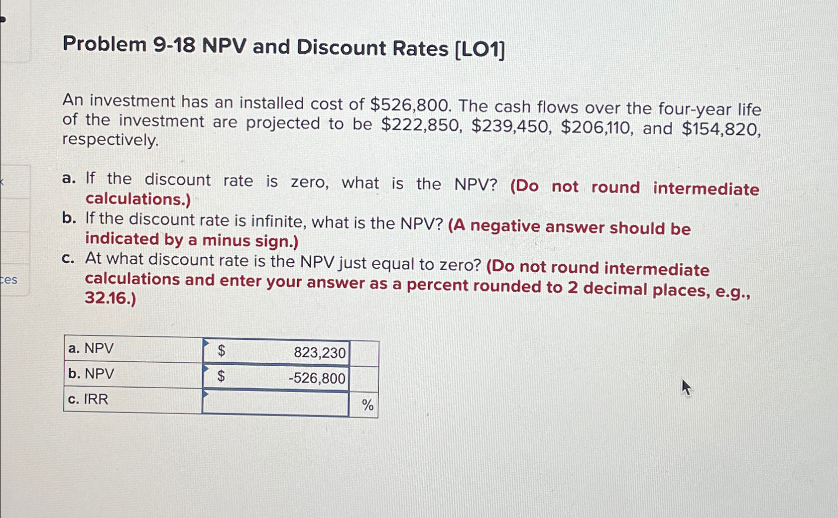 Solved Problem 9-18 ﻿NPV and Discount Rates [LO1]An | Chegg.com