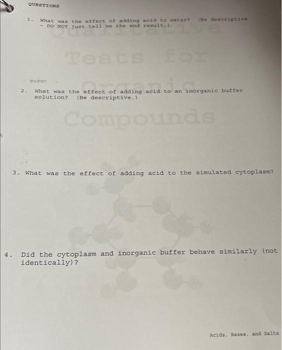 Solved 1. What wan the effect of adding acid to water? (Be | Chegg.com