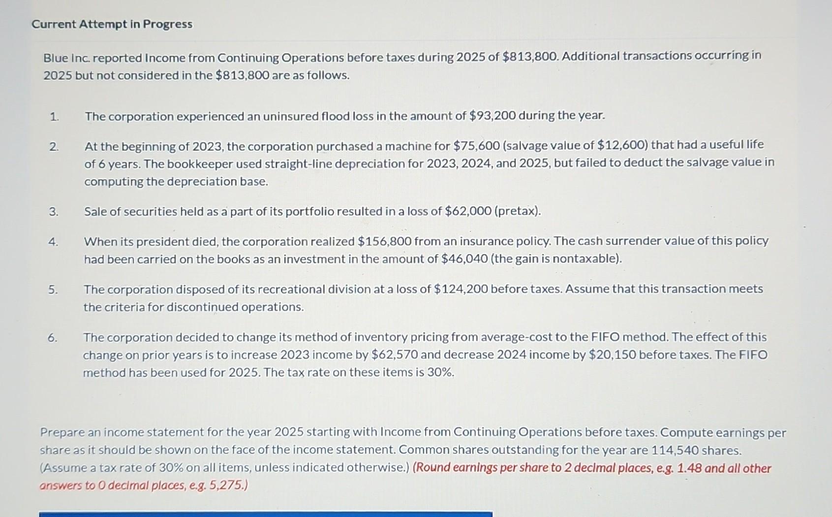 Solved Blue Inc. reported Income from Continuing Operations | Chegg.com