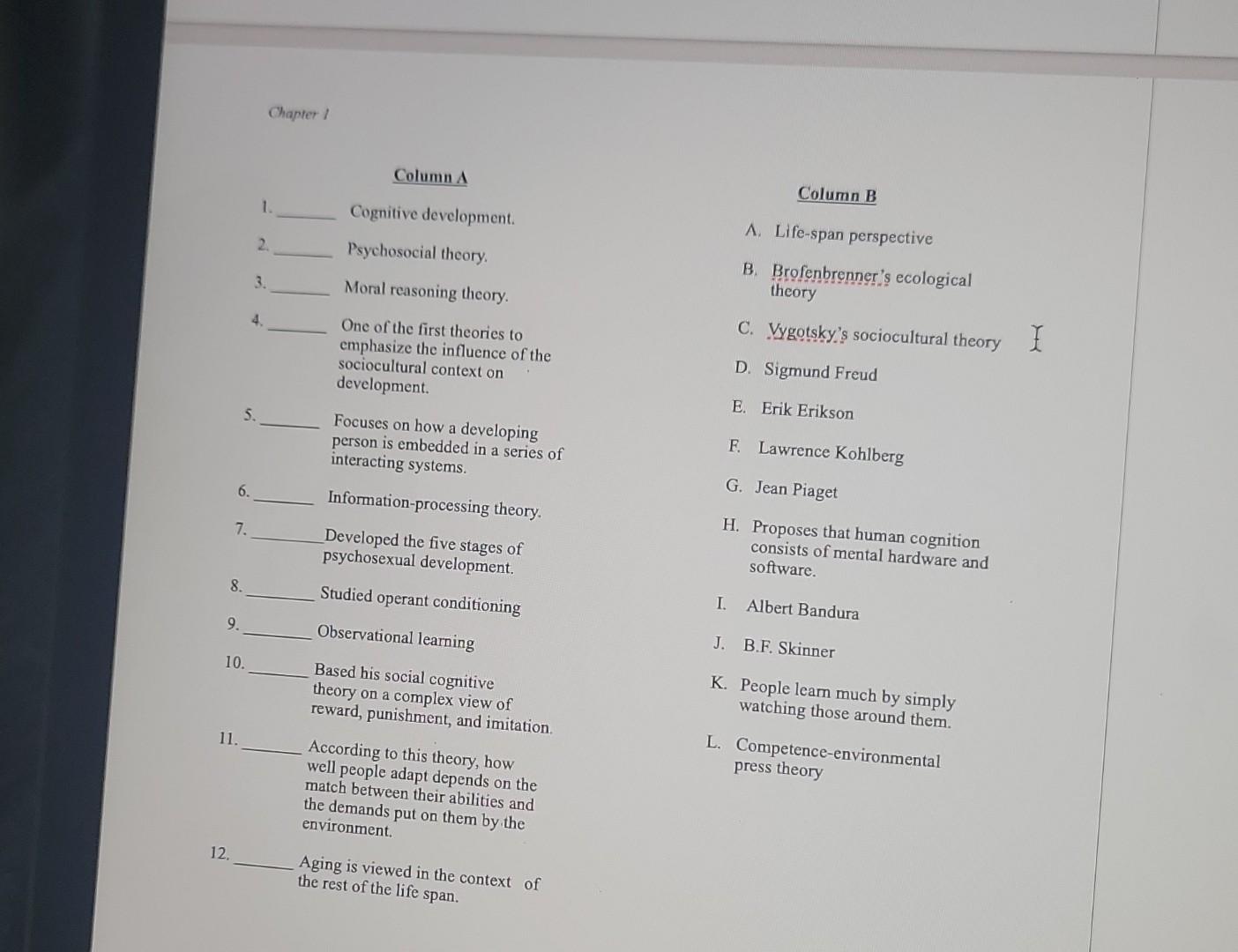 Solved 2. 3. Chapter 1 4. 5. 6. 7. 8. Column A Cognitive | Chegg.com