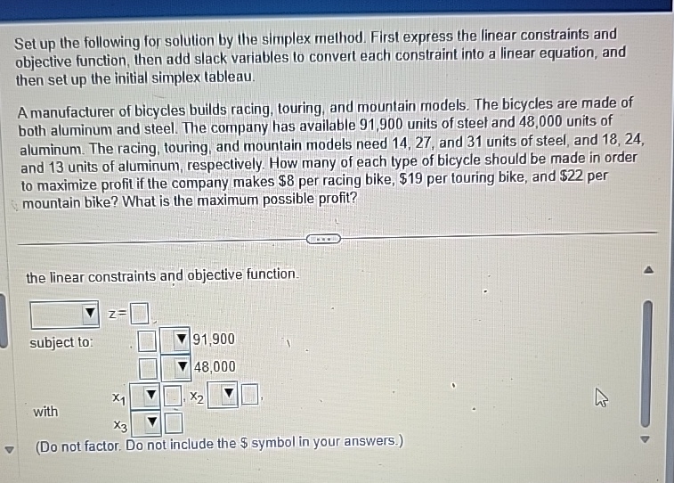Solved Set up the following for solution by the simplex | Chegg.com