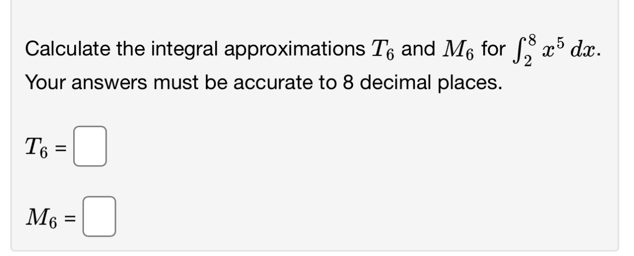 Solved Calculate the integral approximations T6 ﻿and M6 ﻿for | Chegg.com