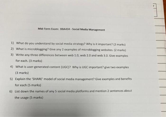 Solved Mid-Term Exam: BBA434 - Social Media Management 1) | Chegg.com