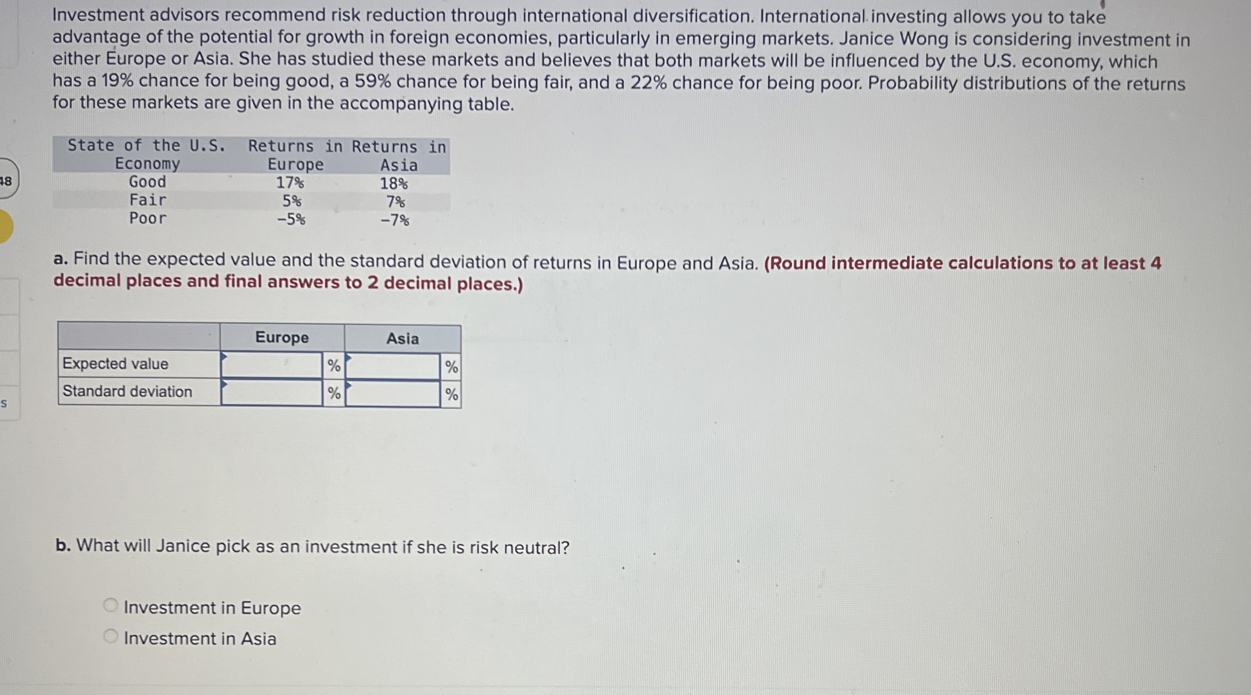 Solved Investment advisors recommend risk reduction through | Chegg.com