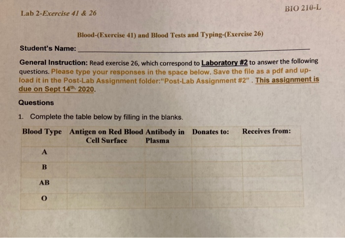 Solved BIO 210-L Lab 2-Exercise 41 & 26 Blood-(Exercise 41) | Chegg.com