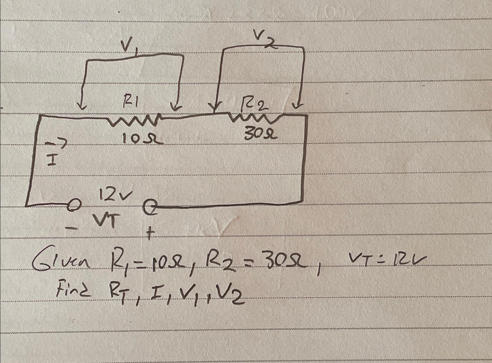 Solved Given R1=10Ω,R2=30Ω,VT=12vFind RT,I,V1,V2 | Chegg.com