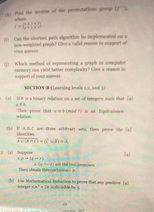 Solved (b) Find the inverse of the permutations group (f−1). | Chegg.com