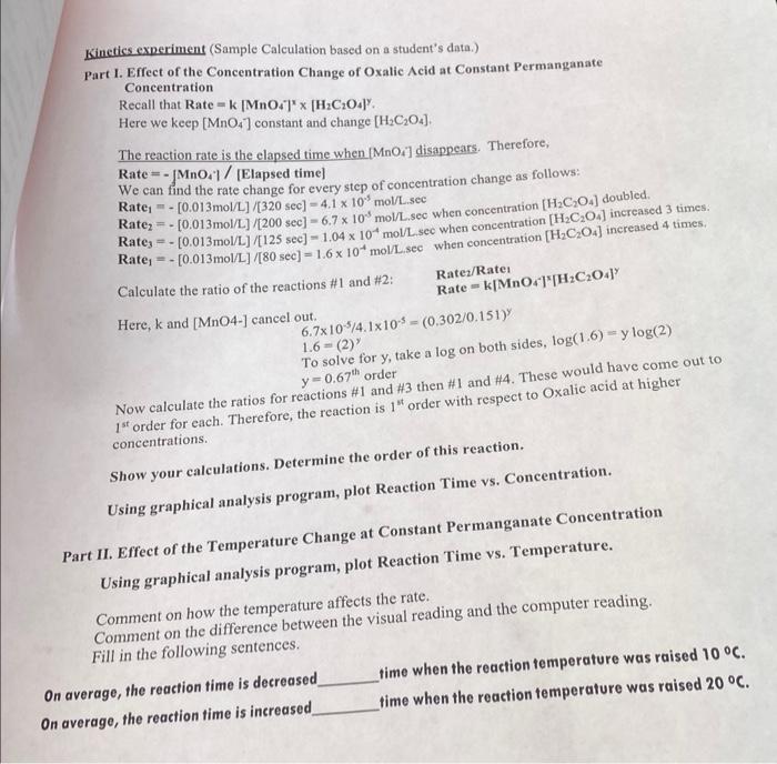 Solved Ana 0 hKinetics experiment (Sample Calculation based | Chegg.com
