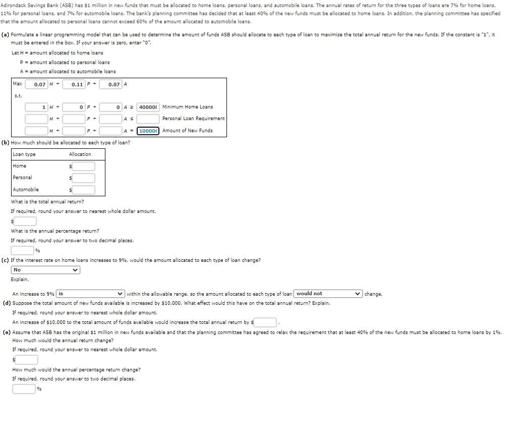 Solved that the amount allocated to personal loans cannot | Chegg.com