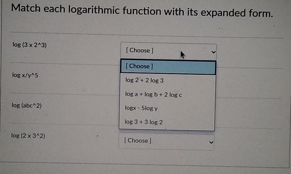 Solved Match each logarithmic function with it's expanded | Chegg.com Solved Match each logarithmic function with it's expanded | Chegg.com