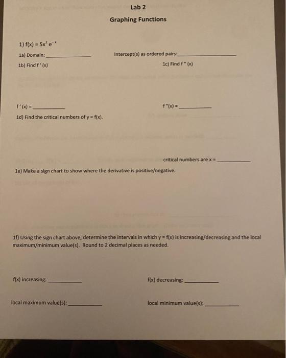 Solved Lab 2 Graphing Functions 1) f(x)=5x2e−x 1a) Domain: | Chegg.com