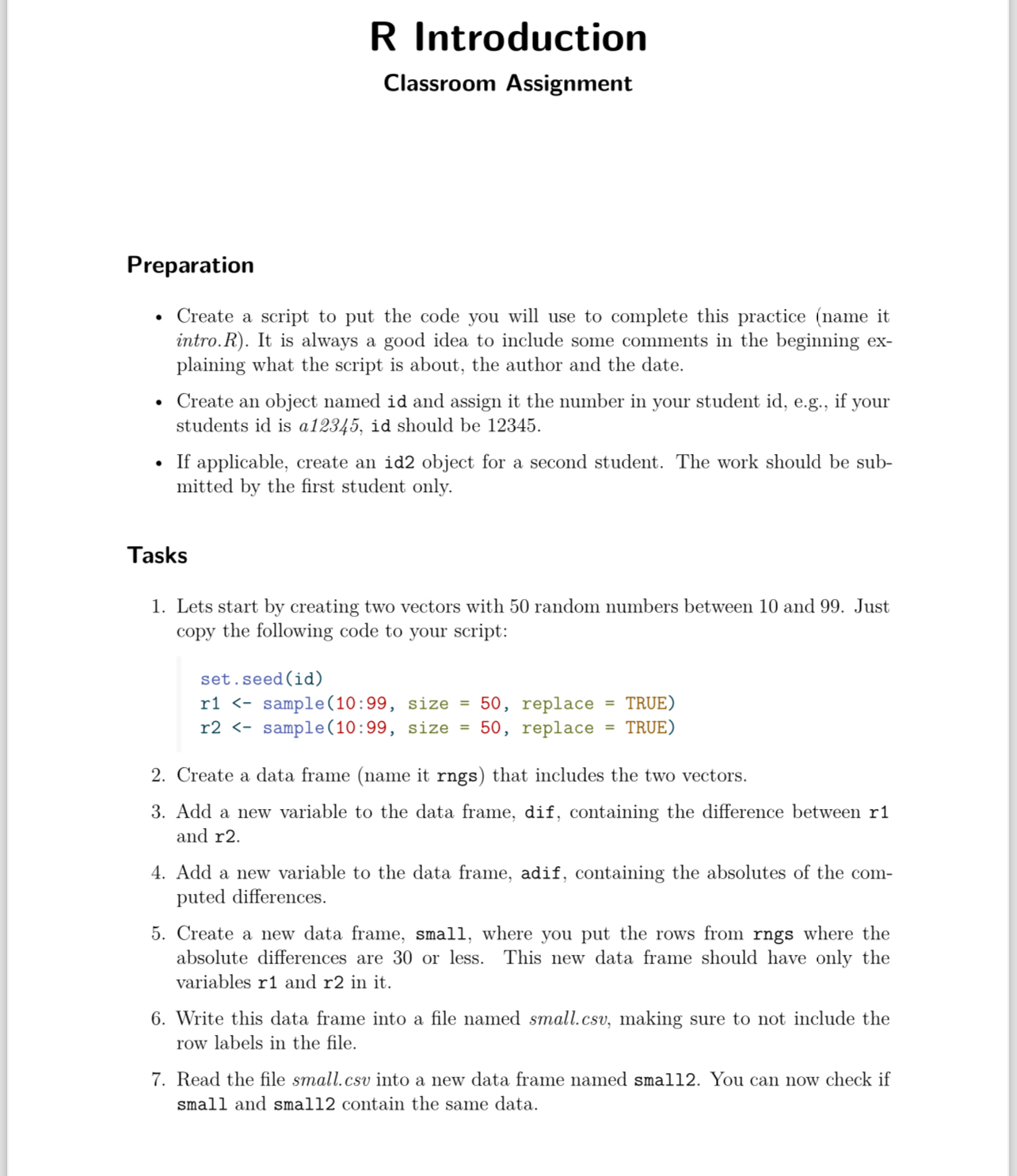 Solved R IntroductionClassroom AssignmentPreparationCreate a | Chegg.com