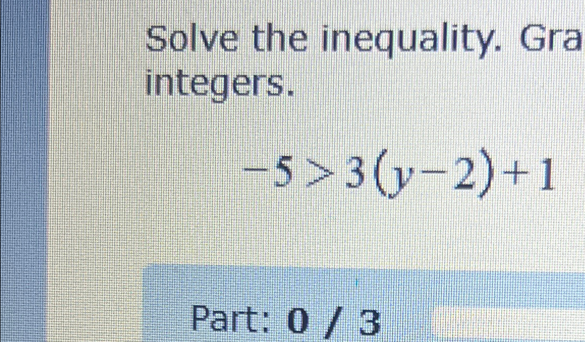 Solved Solve the inequality. Gra integers.-5>3(y-2)+1Part: | Chegg.com