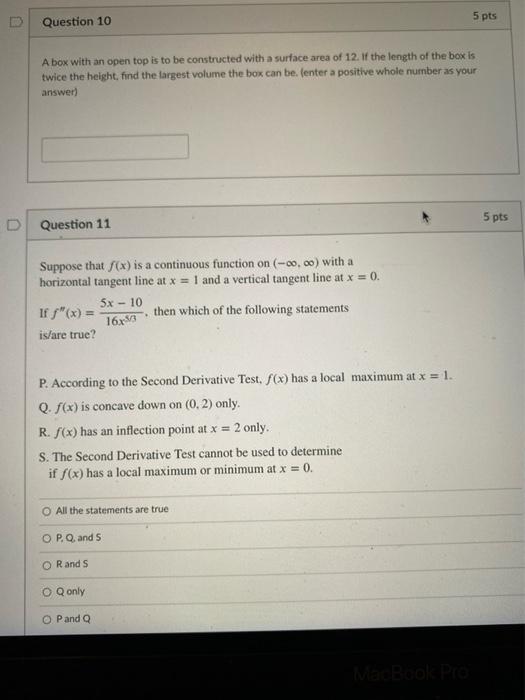 Solved Question 10 5 pts A box with an open top is to be | Chegg.com