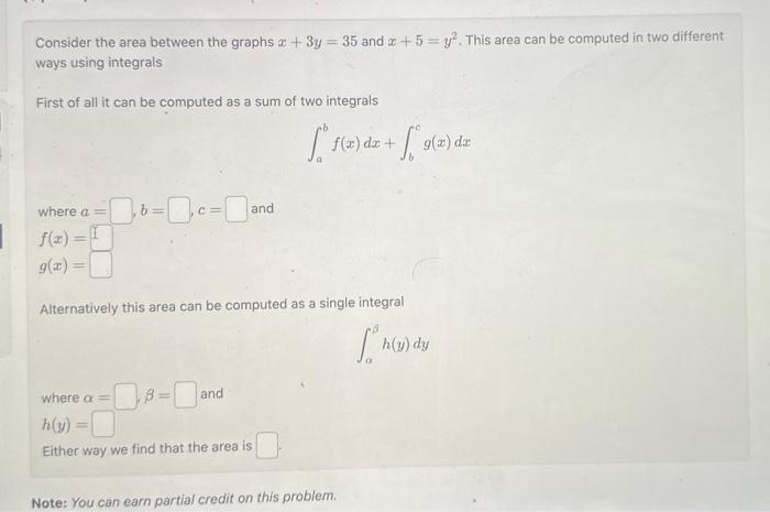 Solved Consider the area between the graphs x + 3y = 35 and | Chegg.com