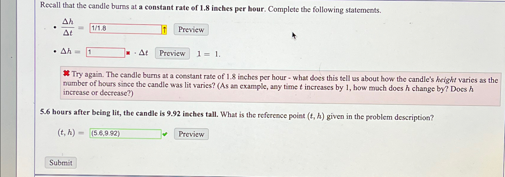 Solved Recall that the candle burns at a constant rate of | Chegg.com
