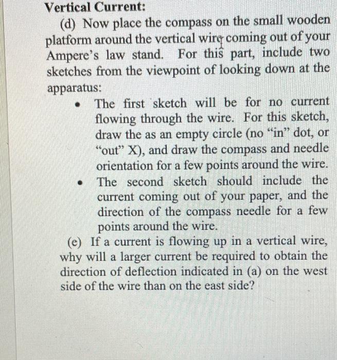 Solved Vertical Current: (d) Now place the compass on the | Chegg.com