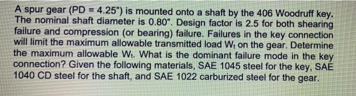 Solved A spur gear (PD = 4.25") is mounted onto a shaft by | Chegg.com