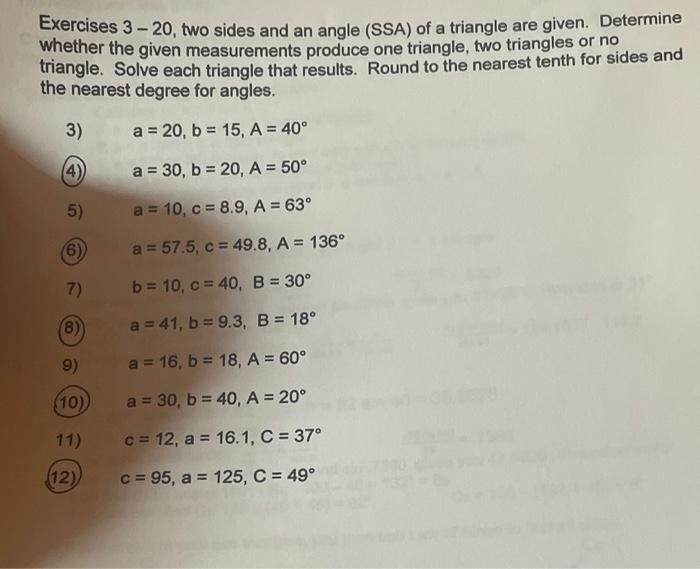 Solved - Exercises 3 - 20, two sides and an angle (SSA) of a | Chegg.com