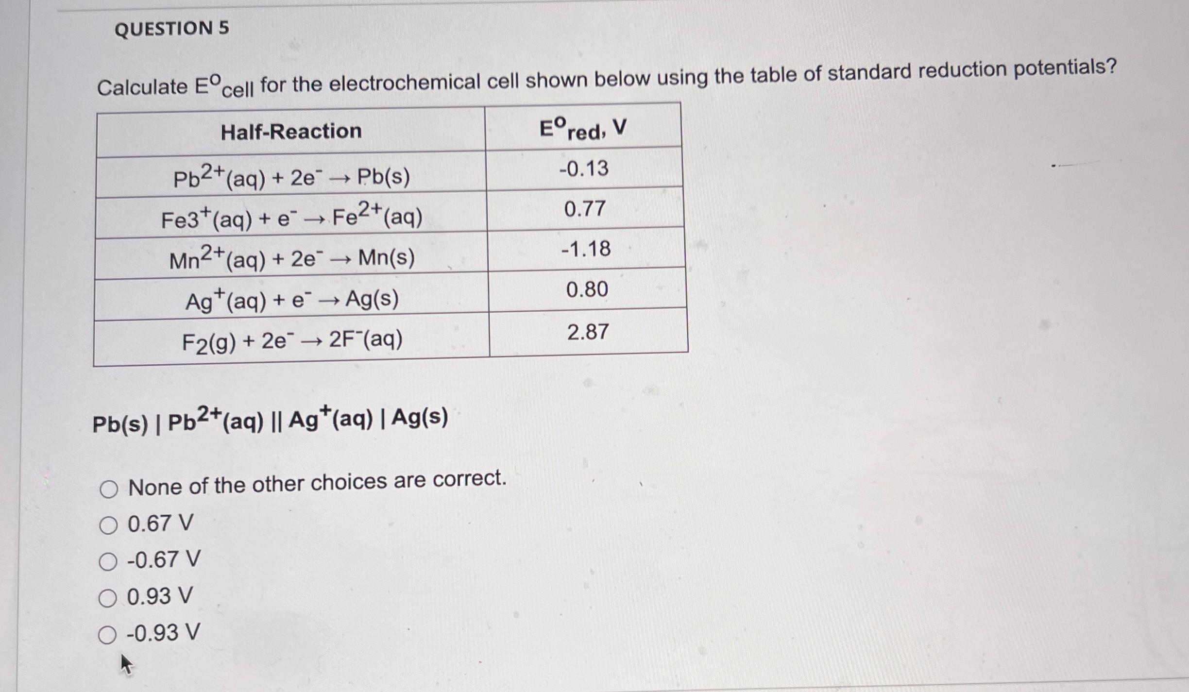Solved QUESTION 5Calculate EO ﻿cell for the electrochemical | Chegg.com