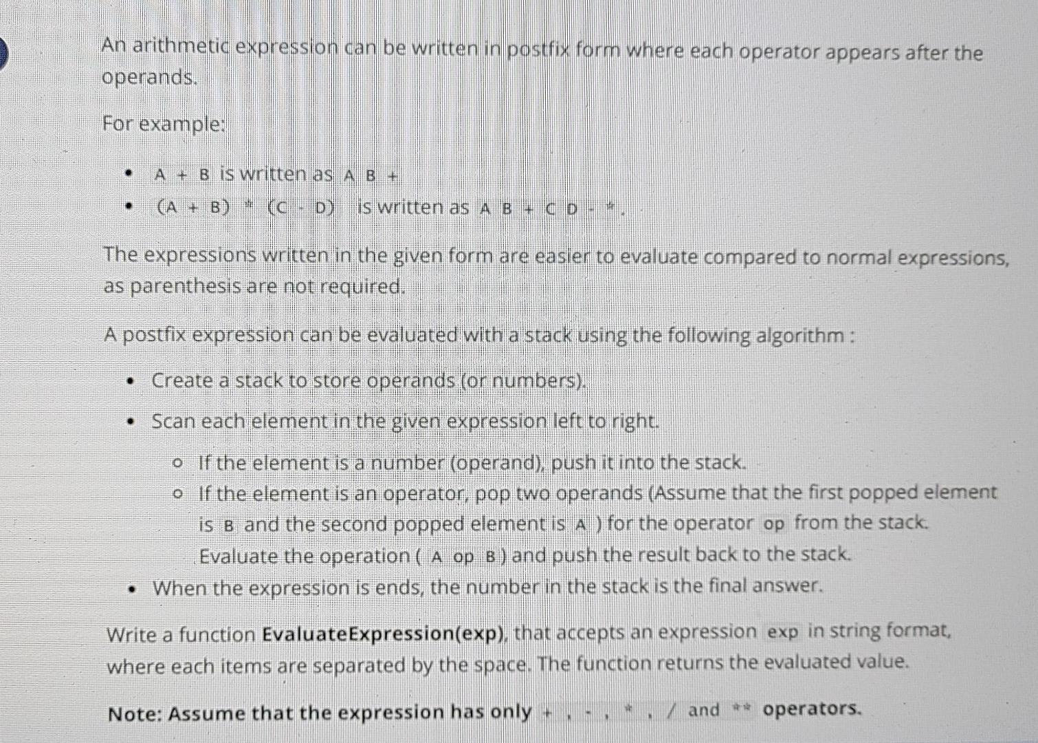 Solved An arithmetic expression can be written in postfix | Chegg.com