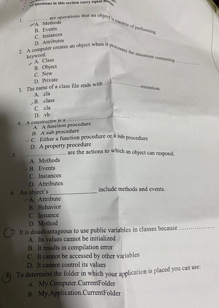 Solved 1. A. Methods B. Events C. Instances D. Attributes 2. | Chegg.com
