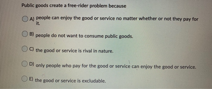 Solved Public goods create a free-rider problem because A) | Chegg.com