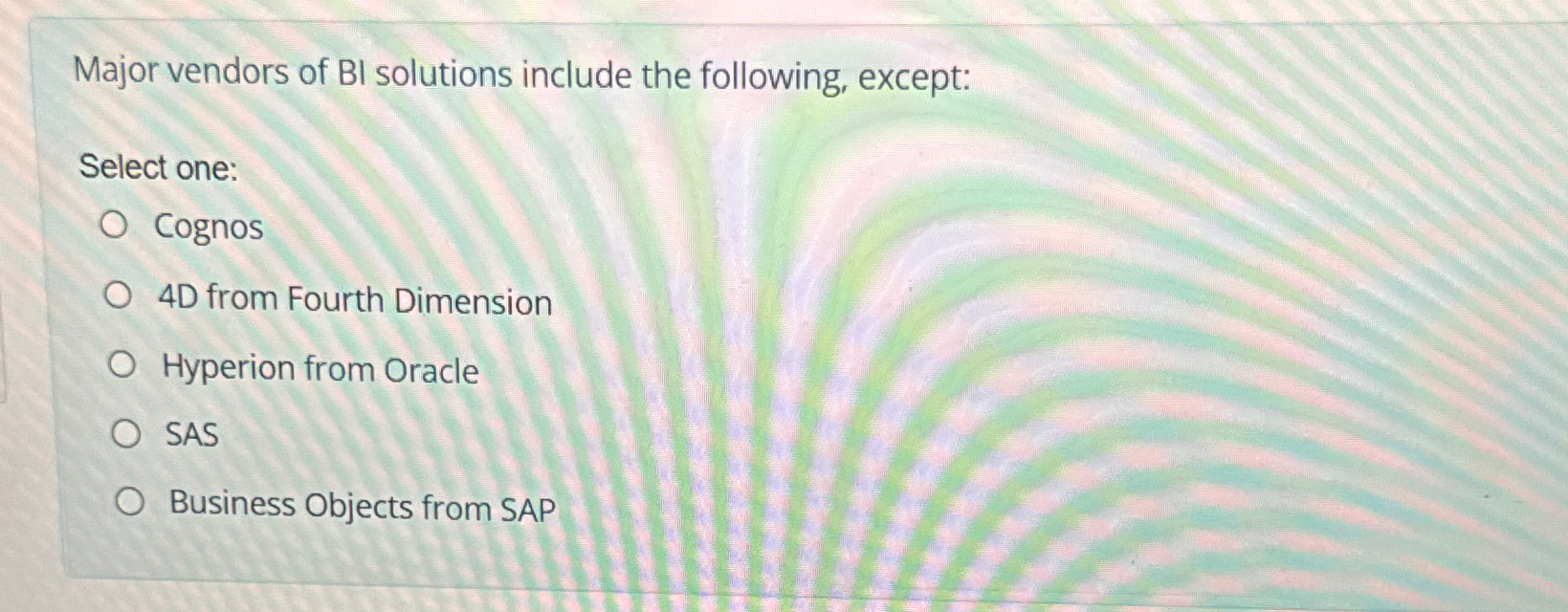 Solved Major vendors of BI solutions include the following, | Chegg.com