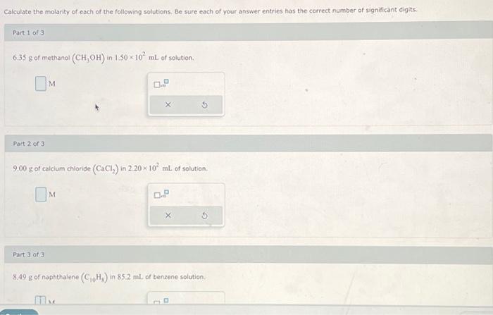 Solved Calculate the molarity of each of the following | Chegg.com