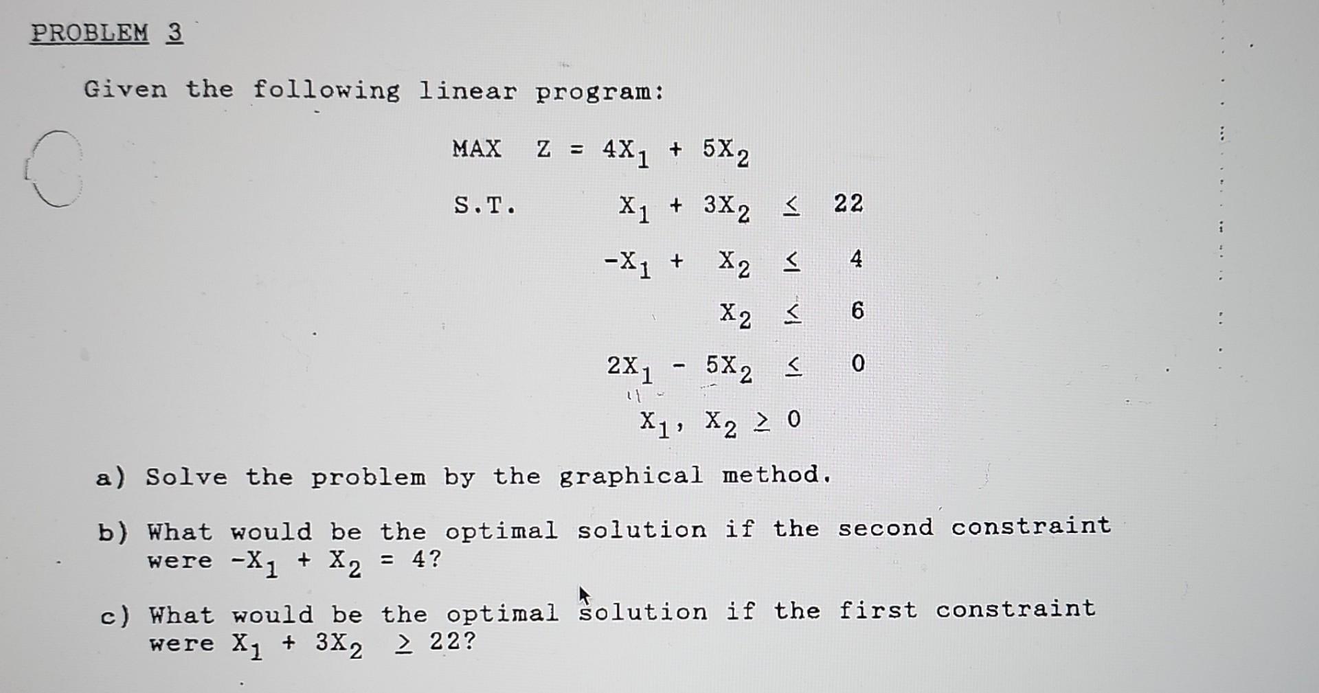 Solved PROBLEM 3 Given the following linear program: MAX O | Chegg.com