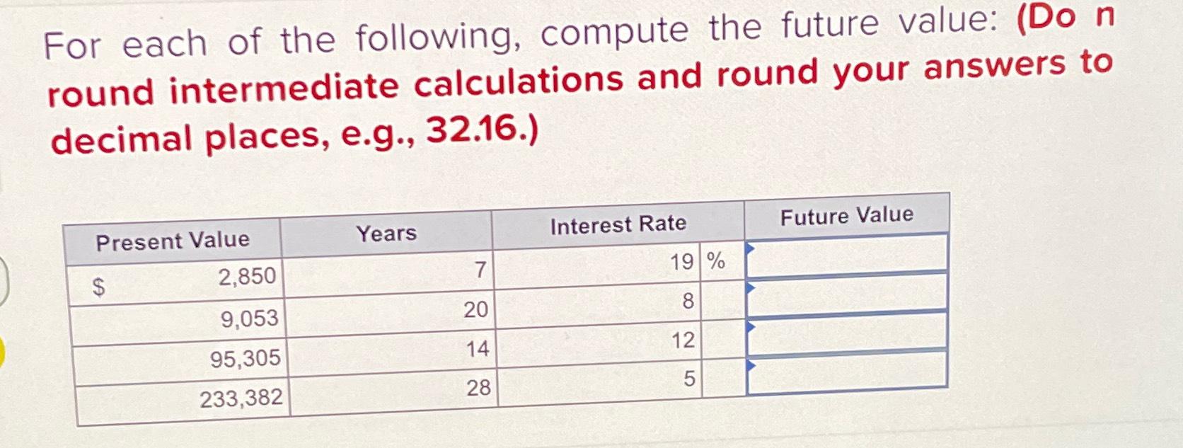 Solved For each of the following, compute the future value: | Chegg.com