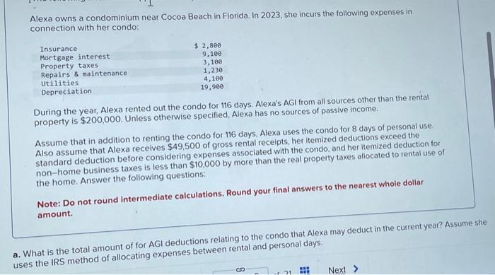 Solved Alexa owns a condominium near Cocoa Beach in Florida. | Chegg.com