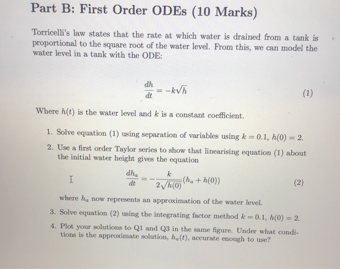 Solved Part B: First Order ODEs (10 Marks) Torricelli's law | Chegg.com