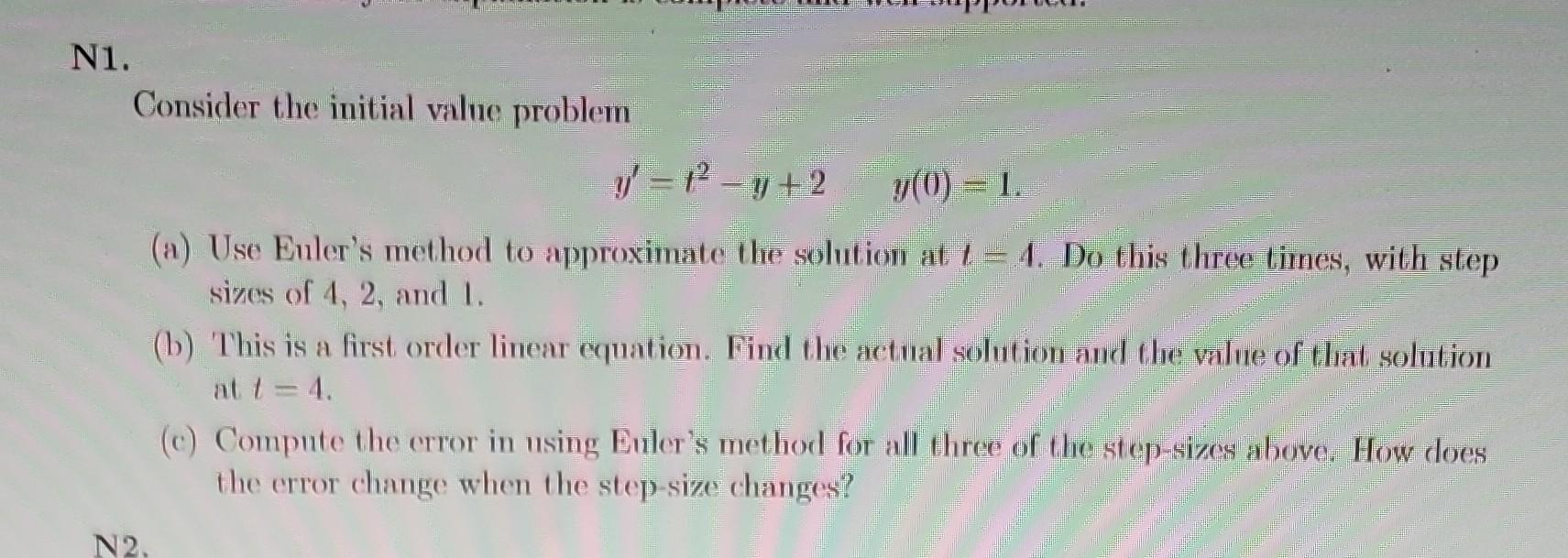 Solved Consider the initial value problem y′=t2−y+2y(0)=1. | Chegg.com
