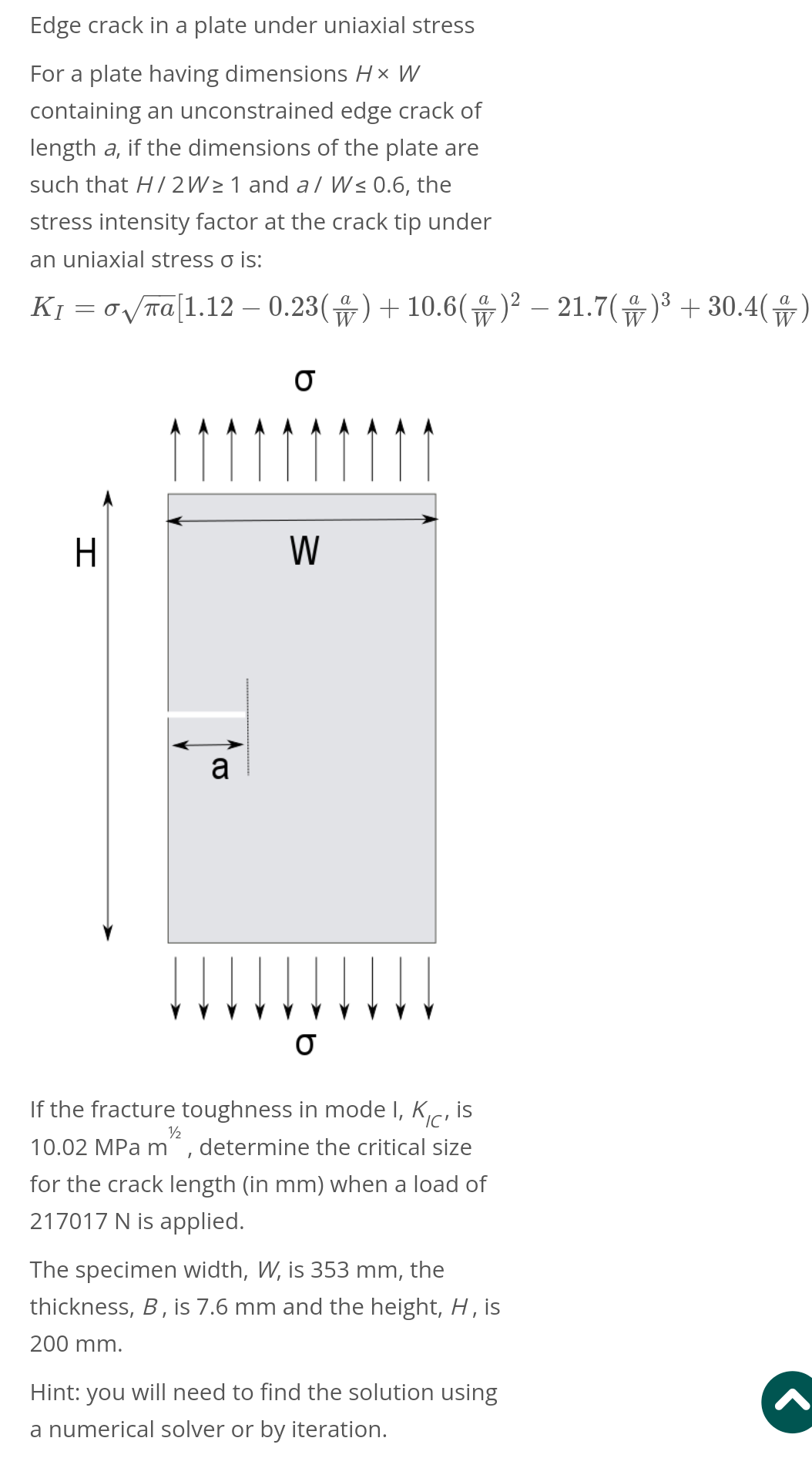 Solved Edge crack in a plate under uniaxial stressFor a | Chegg.com