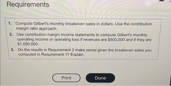 Solved Requirements 1. Compute Gilbert's monthly breakeven | Chegg.com